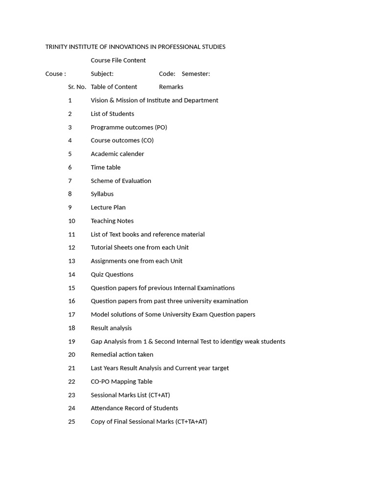 Course File for Professional Studies | PDF