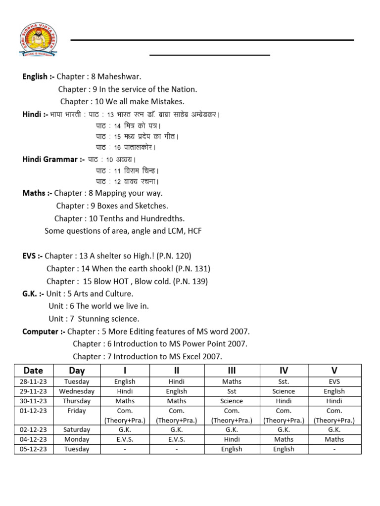 Class 5th PT2 Syllabus and Time Table | PDF