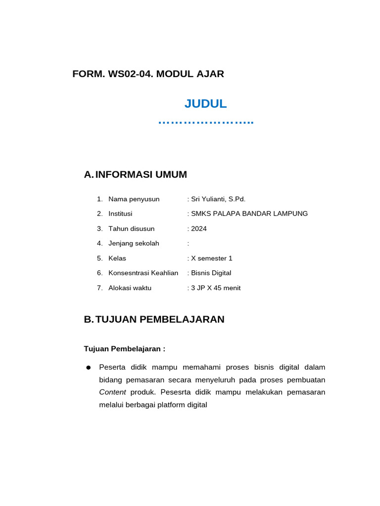 Draft Form. WS02-04. Modul Ajar - VERSI2 | PDF