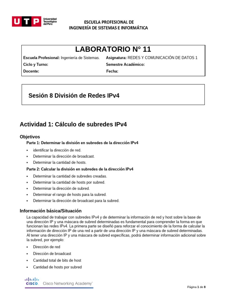 Sem 11 Laboratorio 8 Calculo de Subredes IPv4 | PDF | Dirección IP | Estándares de internet