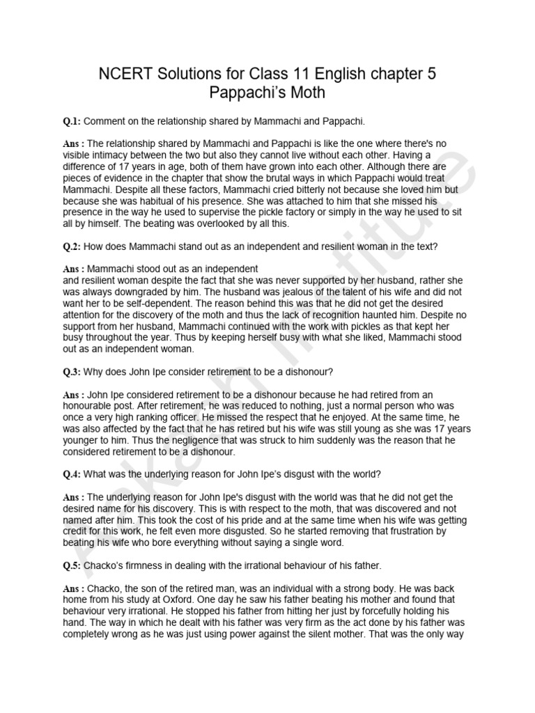 NCERT Solutions For Class 11 English Chapter 5 Pappachi | PDF