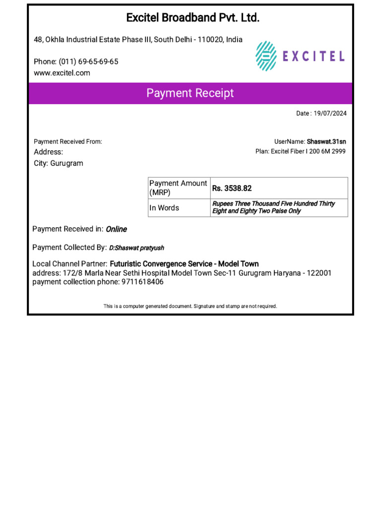 Excitel Broadband Payment Receipt | PDF