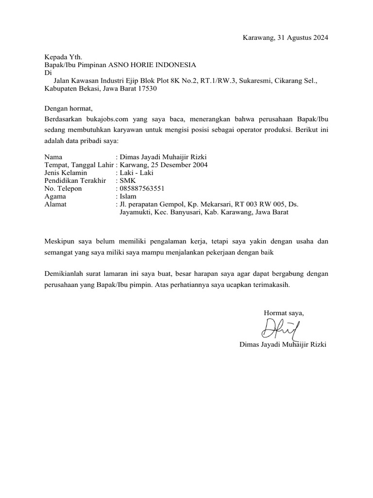 Lamaran PT ASNO HORIE INDONESIA | PDF