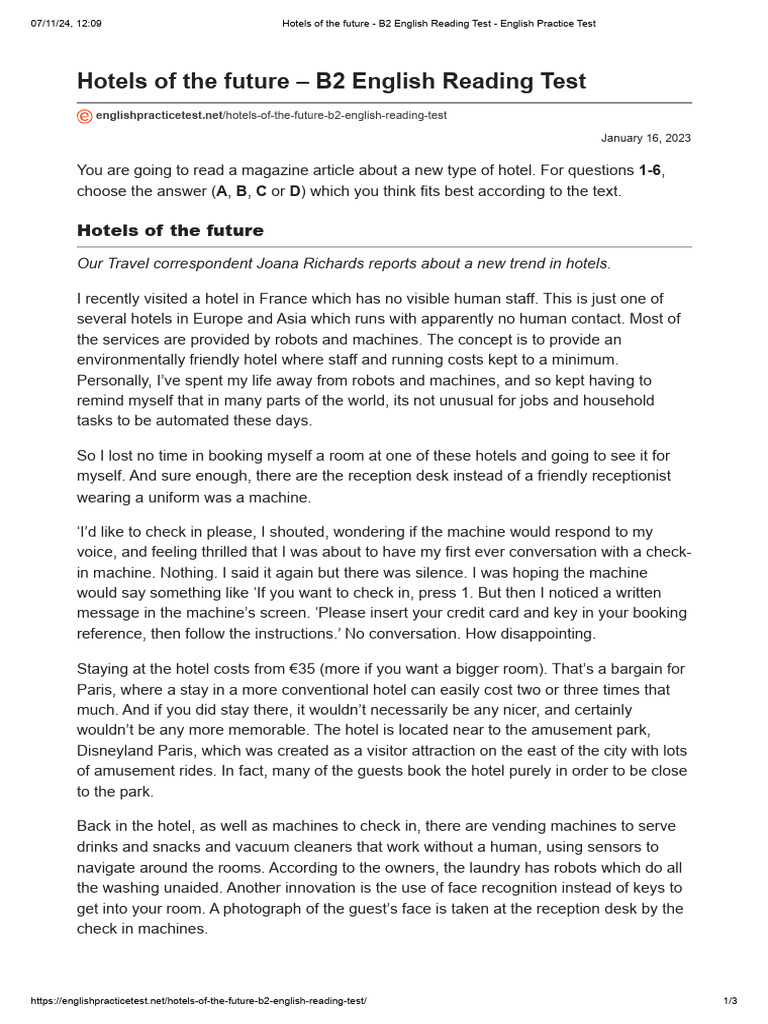 Hotels of The Future - B2 English Reading Test - English Practice Test ...