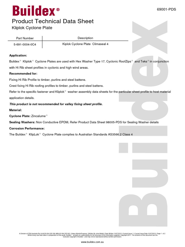 69001-PDS Kliplok Cyclone Plate | PDF | Washer (Hardware)