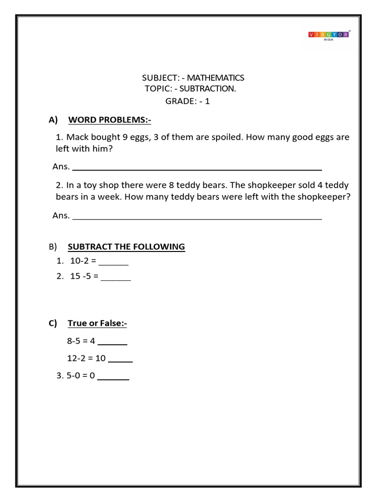 Grade 1 Math - Revision Worksheet - Subtraction. | PDF