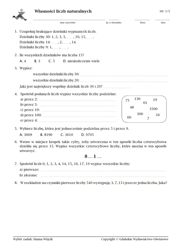 Własności Liczb Naturalnych - Sprawdzian 5 | PDF