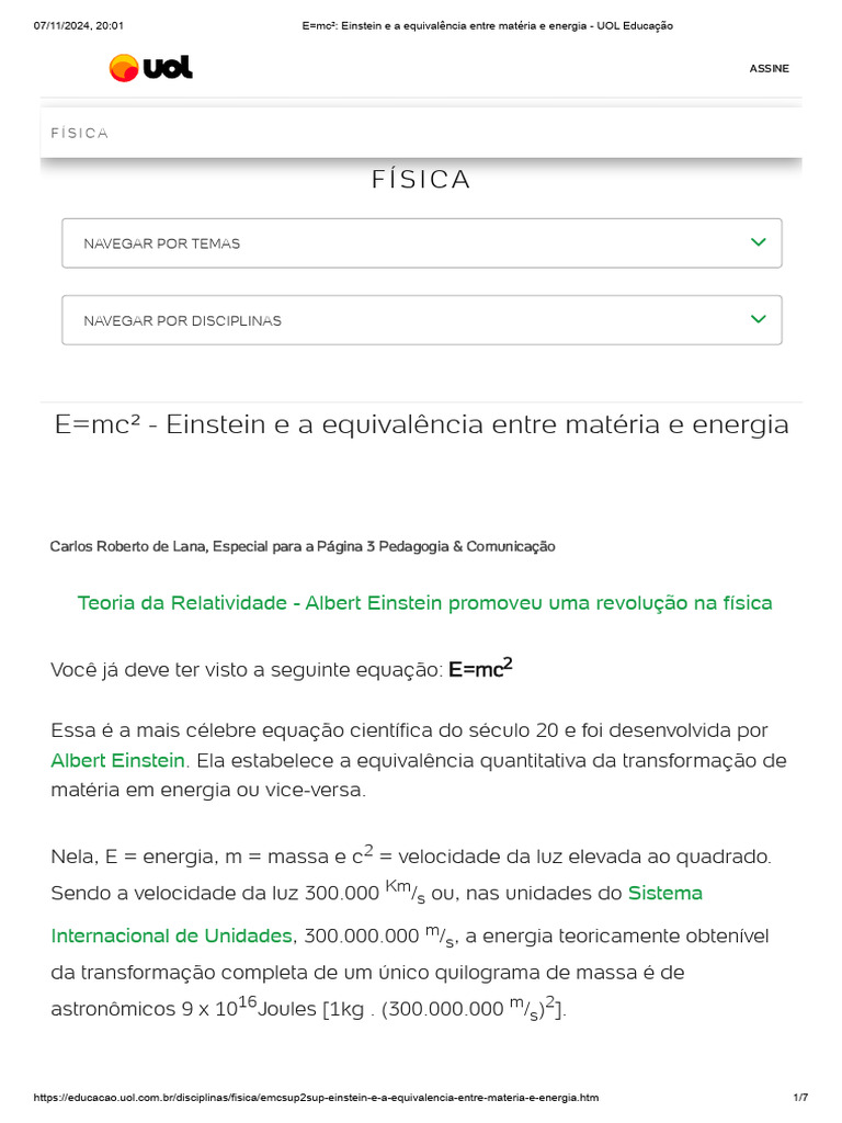 E MC - Einstein e A Equivalência Entre Matéria e Energia, Mais Algumas Formulas. | PDF | Massa ...