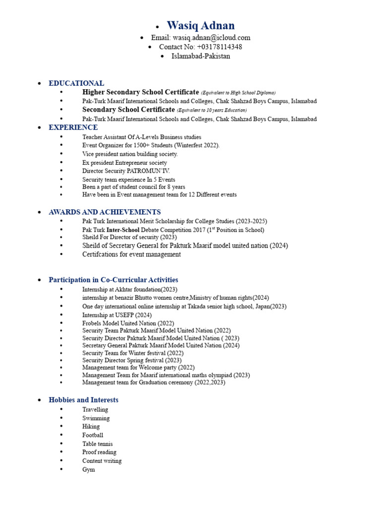 Wasiq Adnan: - Higher Secondary School Certificate - Secondary School ...