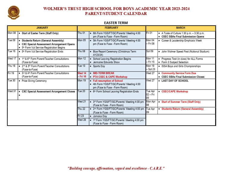 Easter Term Parent Schedule - AY2023to2024 | PDF
