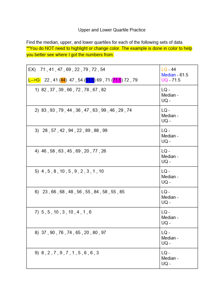 Upper and Lower Quartile Practice | PDF | Robust Statistics
