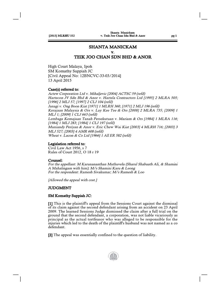 Shata Manickam V Teik Joo Chan SDN BHD & Anor | PDF | Duty Of Care | Legal Liability