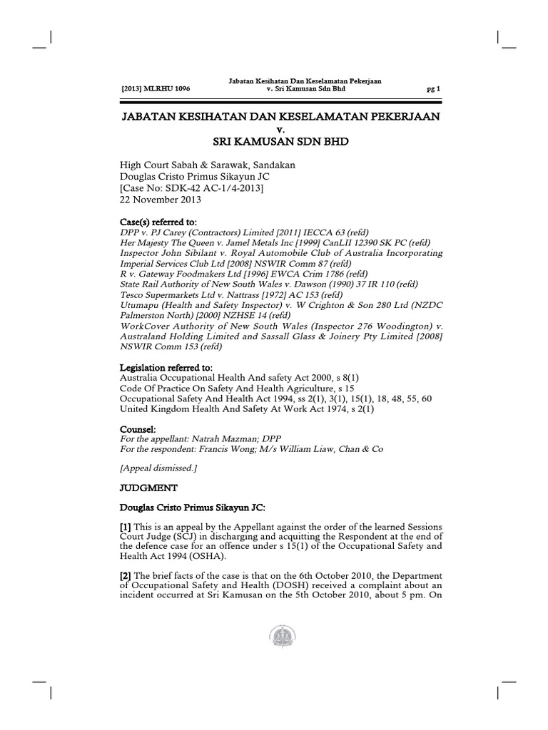 Sri Kamusan SDN BHD V JKKP | PDF | Burden Of Proof (Law) | Occupational Safety And Health