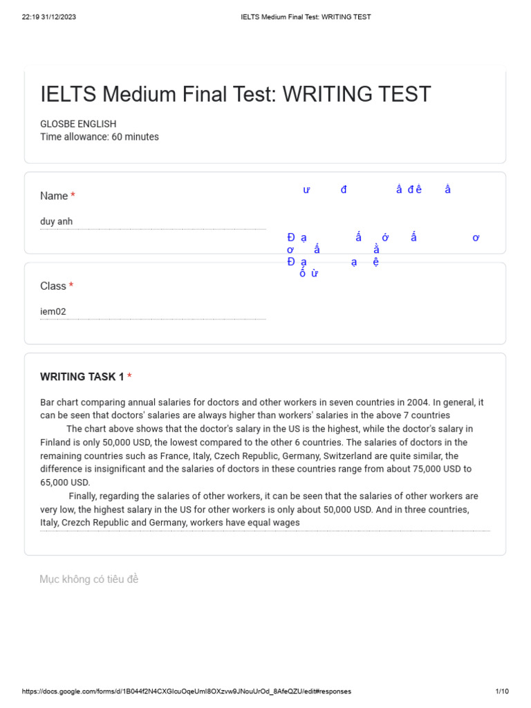 IELTS Medium Final Test - WRITING TEST - Results | PDF | Salary | Vietnam