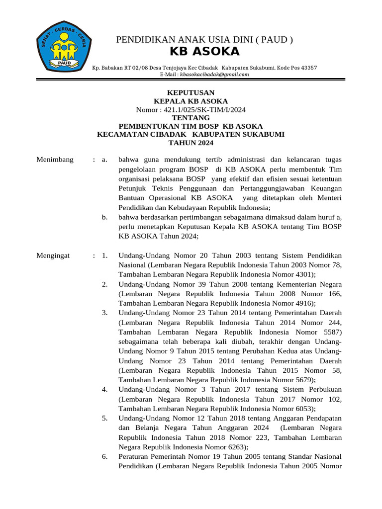 Contoh SK Tim Pengelola Bosp - 2024 | PDF