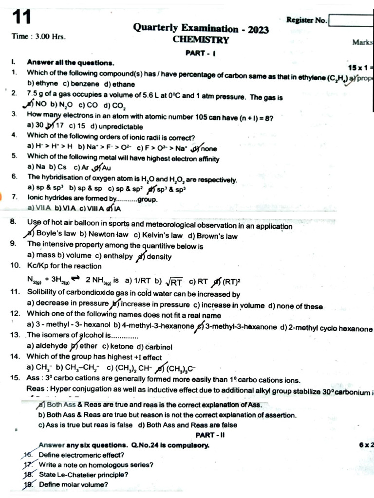 11th Chemistry EM Quarterly Exam 2023 Original Question Paper Covai ...