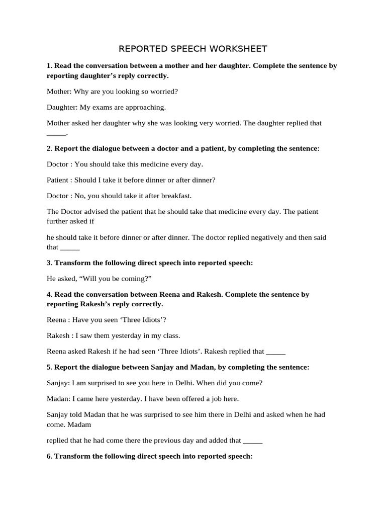 Reported Speech Worksheet | PDF | Question