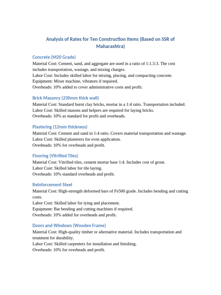 Rate Analysis For Ten Construction Items SSR Maharashtra | PDF | Masonry | Concrete
