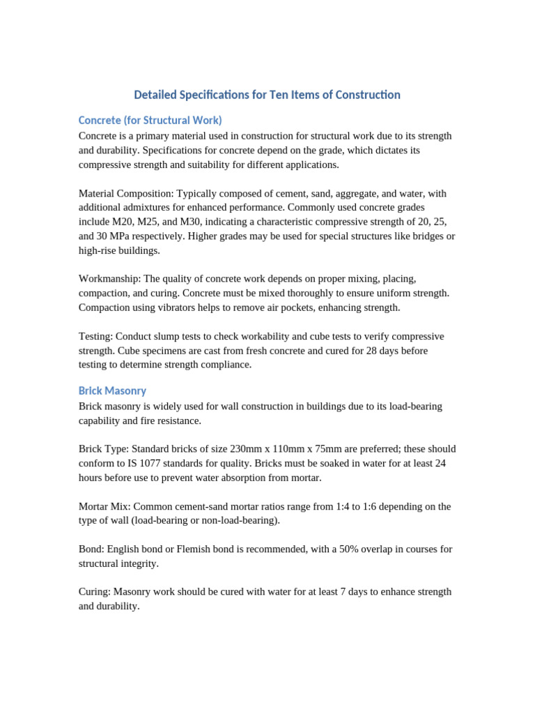 Detailed Specifications For Ten Items of Construction | PDF | Concrete ...