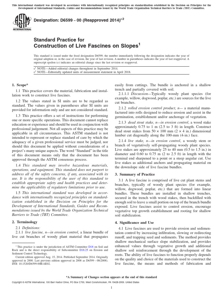 Construction of Live Fascines On Slopes: Standard Practice For | PDF ...