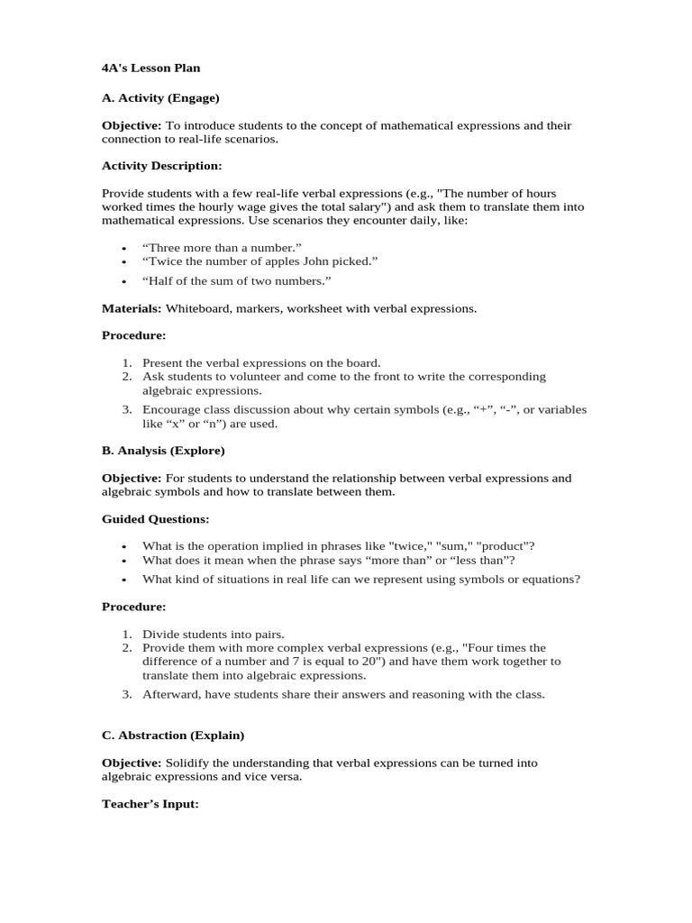 Translating Verbal to Algebraic Expressions | PDF | Numbers | Mathematics