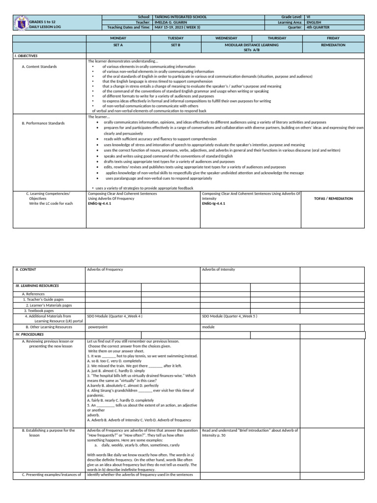 WLP - English 6 - Q4 - W3 | PDF | English Language | Adverb