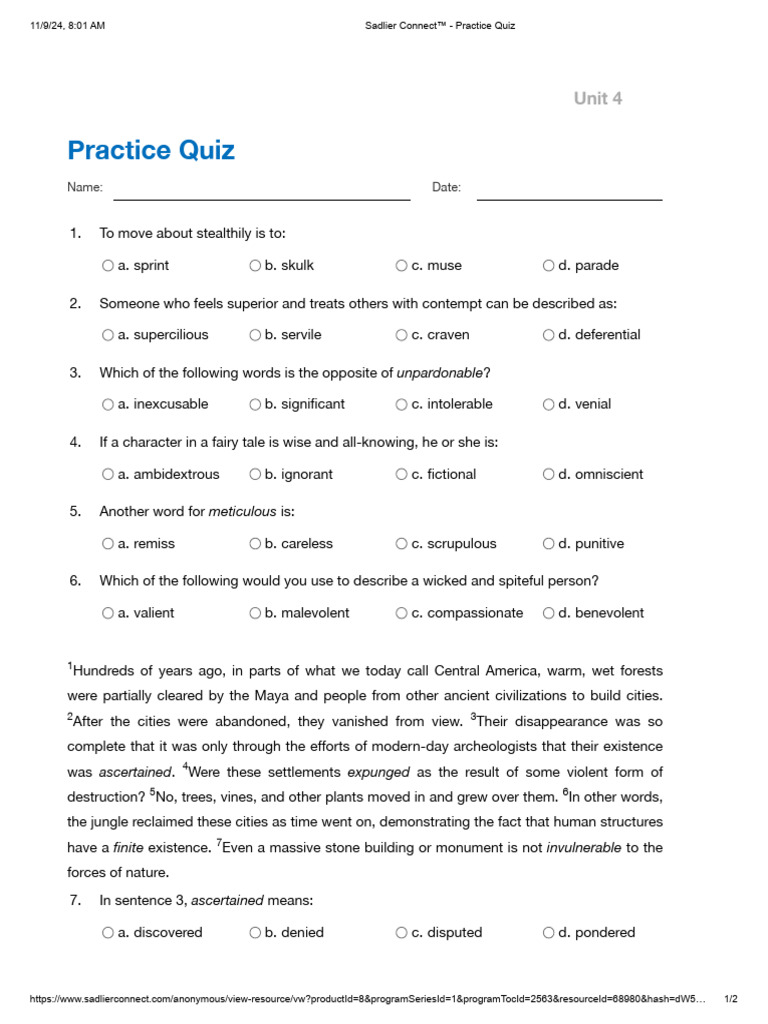 Sadlier Connect™ - Practice Quiz | PDF