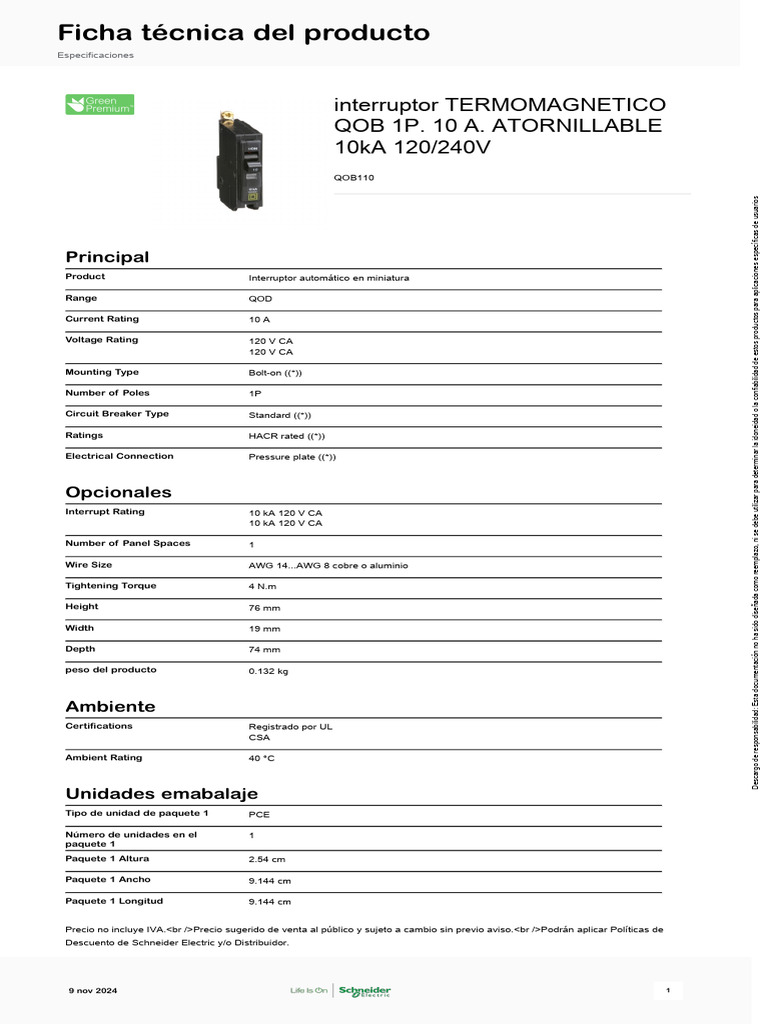 Schneider Electric - Interruptores-termomagnéticos-QO-QOB - QOB110 ...