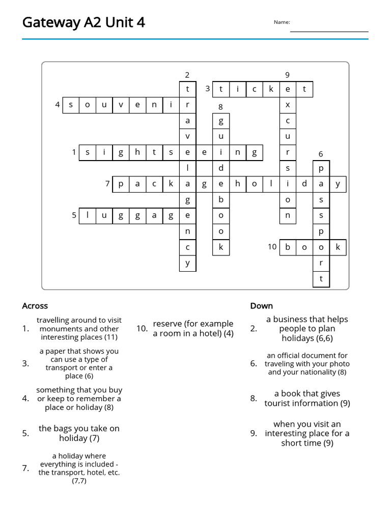 A2 Level Crossword Puzzle Unit 4 | PDF