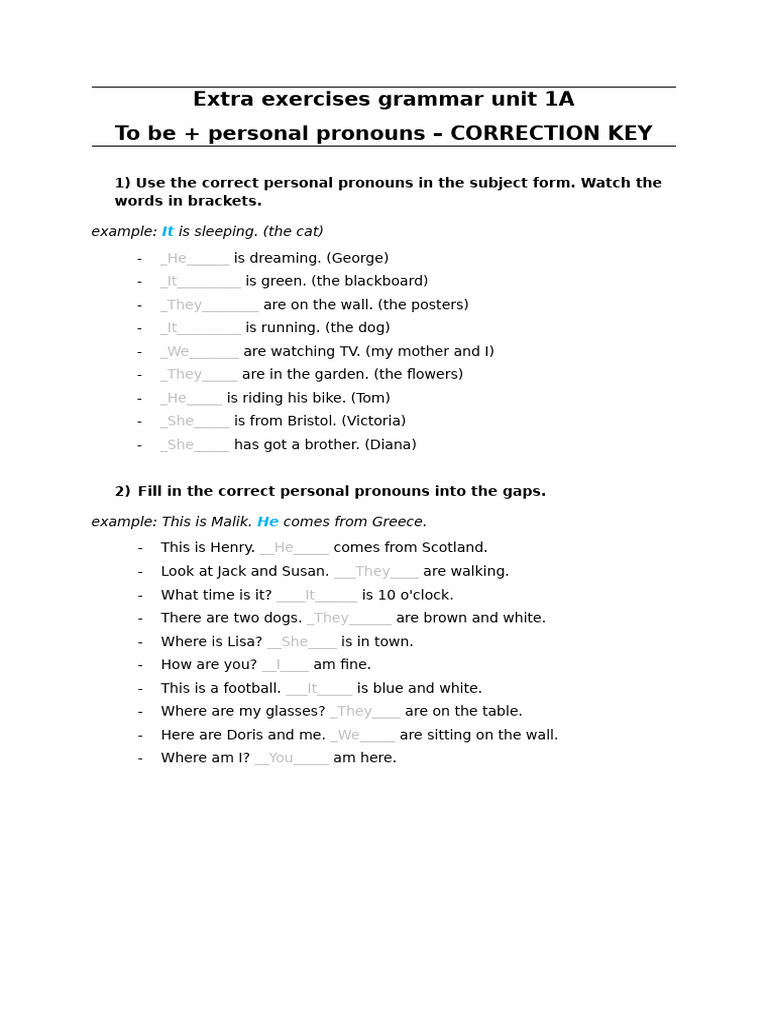 Extra Exercises Grammar Unit 1A - Correction Key | PDF | Language Arts & Discipline | Foreign ...