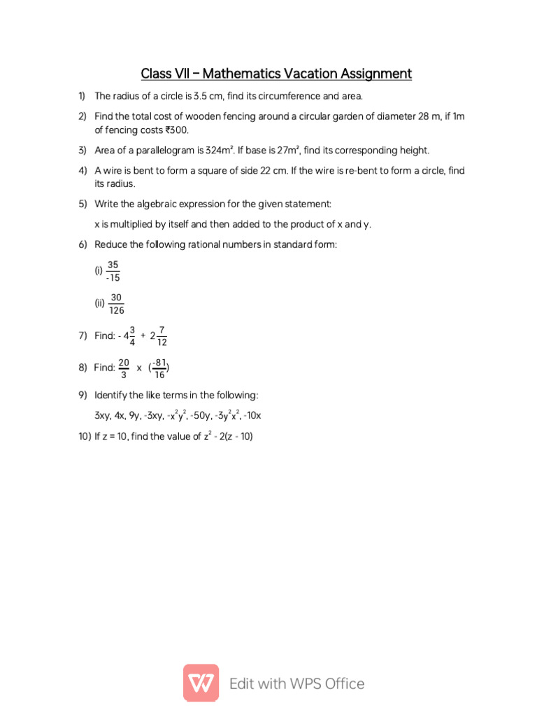 Class VII Mathematics Vacation Assignment | PDF | Teaching Methods & Materials | Home & Garden