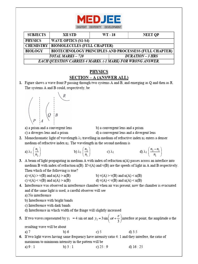 XII WT-18 NEET QP | PDF | Molecular Cloning | Diffraction