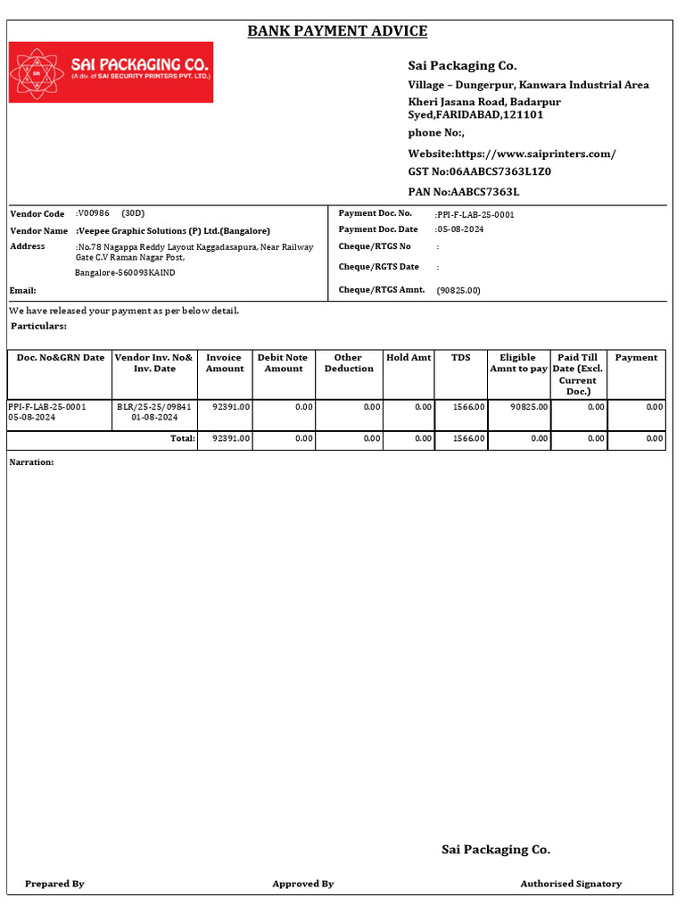 Bank Payment Advice: Sai Packaging Co | PDF | Payments | Services (Economics)
