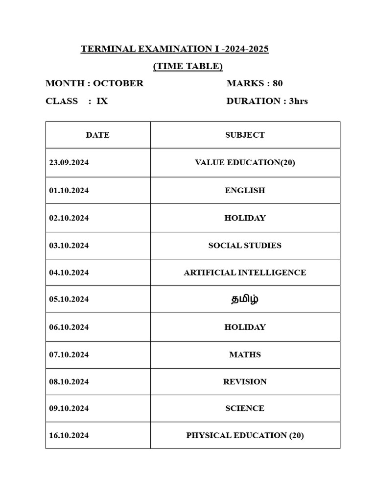 Term I Timetable & Portions | PDF