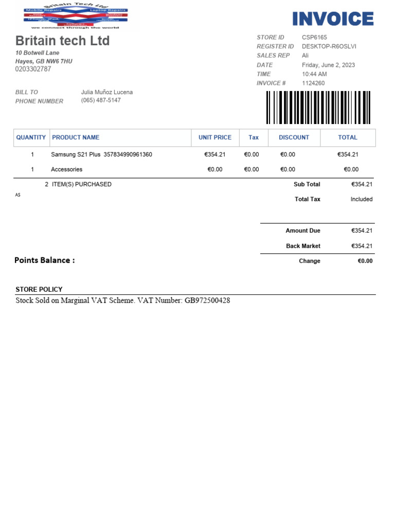 Invoice for Samsung S21 Plus Purchase | PDF