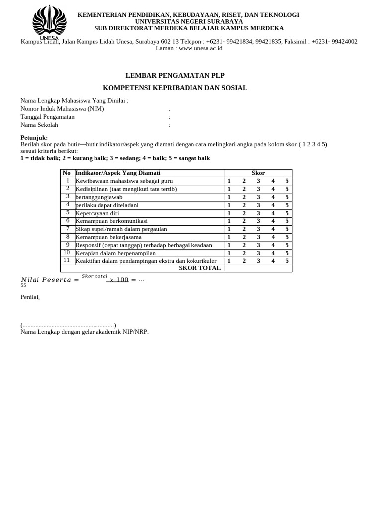 Form Penilaian PLP | PDF