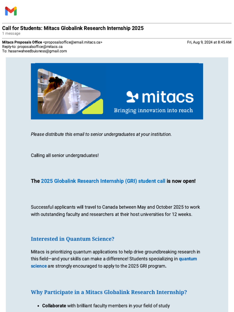 Call For Students - Mitacs Globalink Research Internship 2025 | PDF | Business