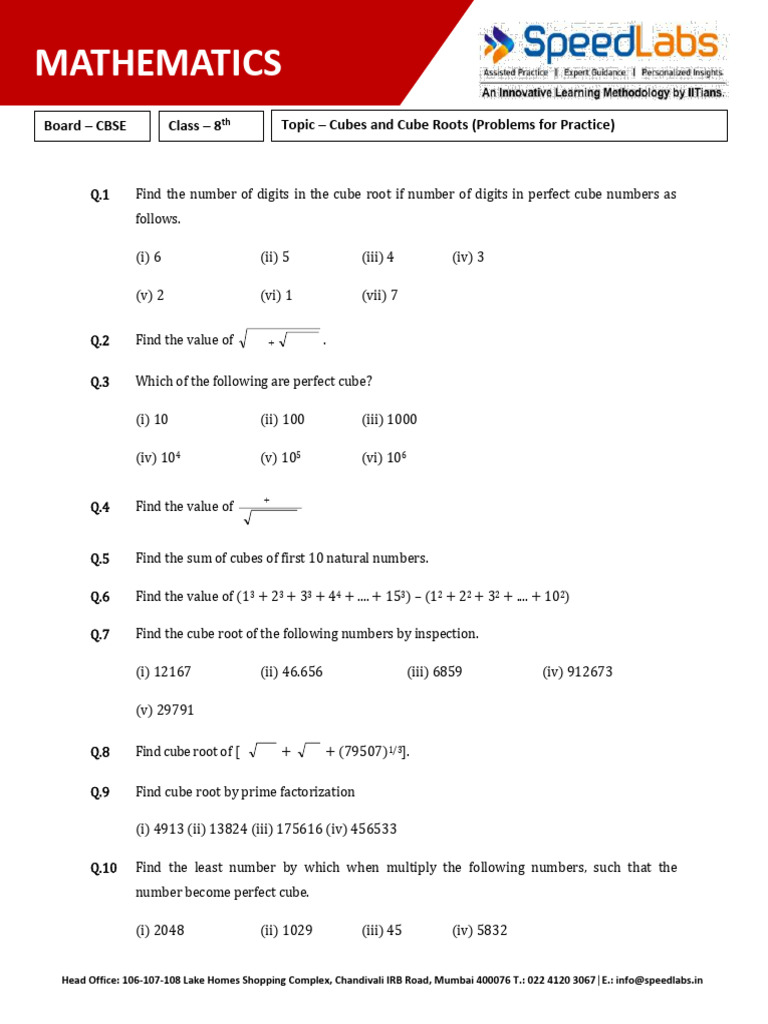 Cubes and Cube Roots - Important Qs - Important Questions | PDF