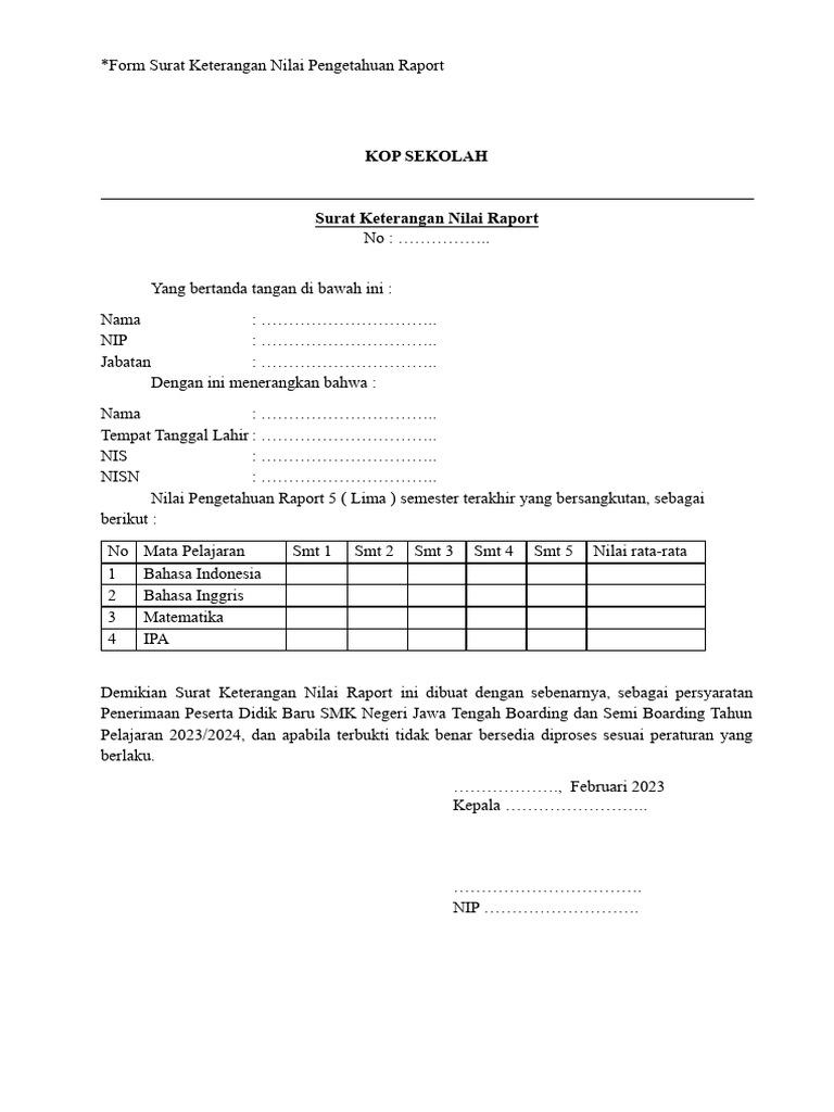 Form Surat Keterangan Nilai Rapor - Docx 1 | PDF