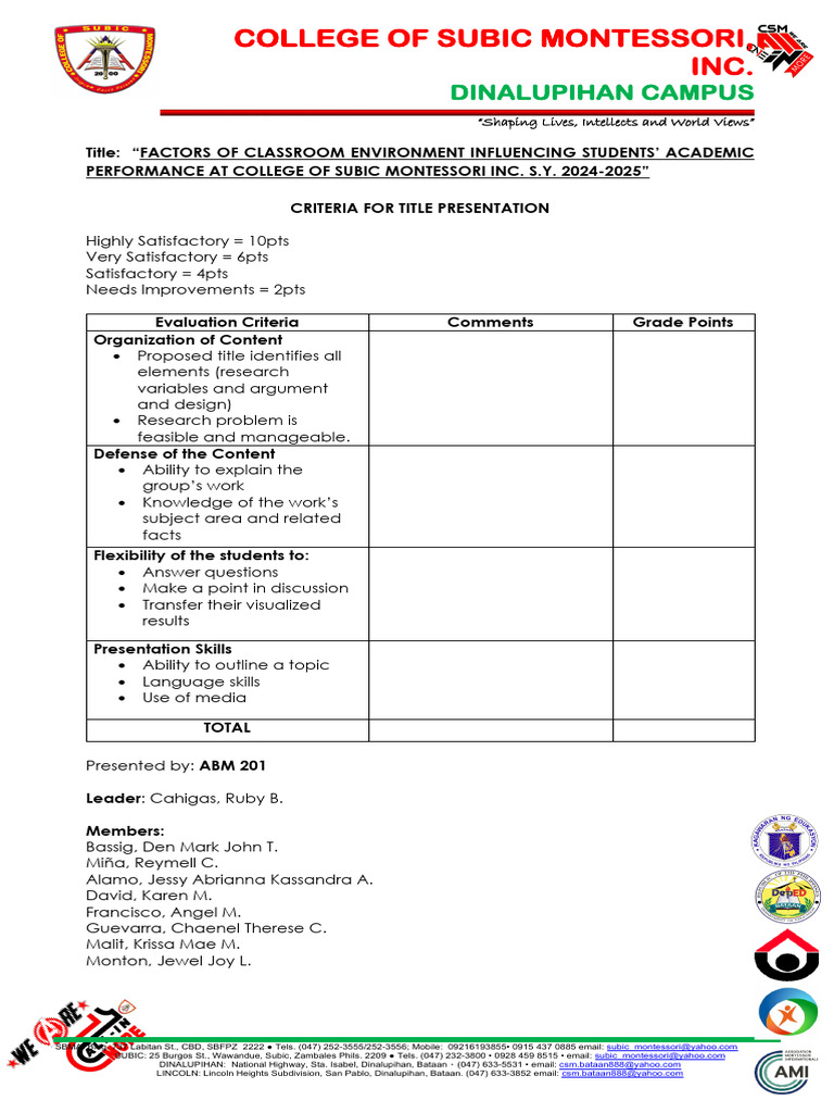 Rubrics Title Presentation 5 1 | PDF | Pedagogy | Human Communication