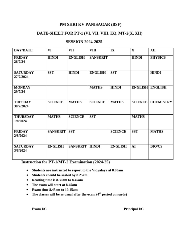 PM SHRI KV PANISAGARAR Time Table | PDF