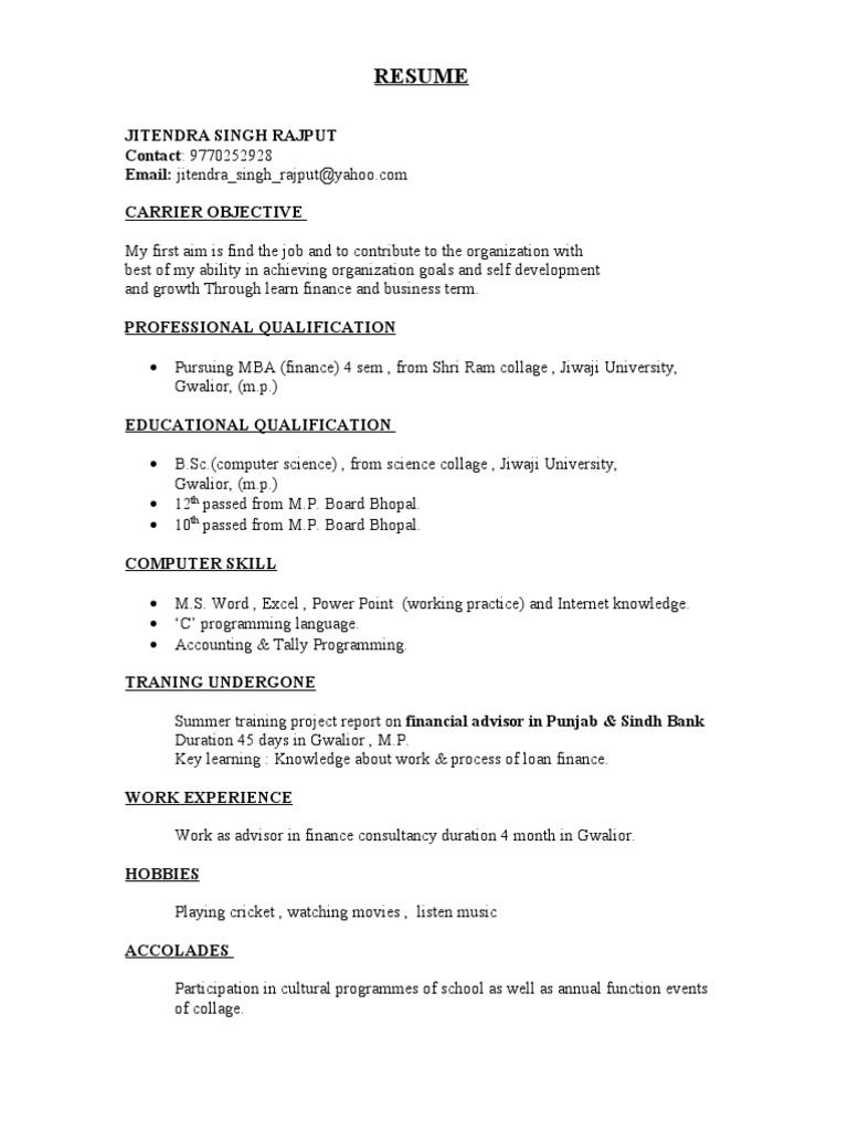 Jitendra Singh Rajput - Finance MBA Resume | PDF