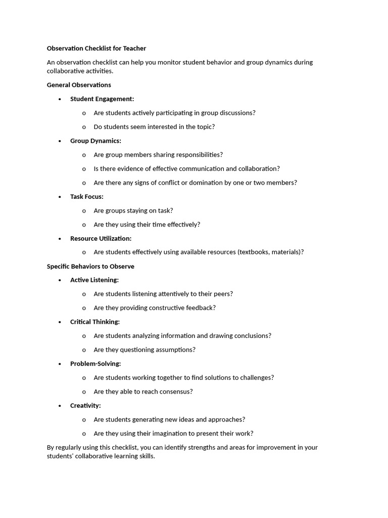 Observation Checklist For Teacher | PDF | Science & Mathematics