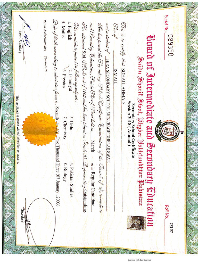 Board Matric Certificate | PDF