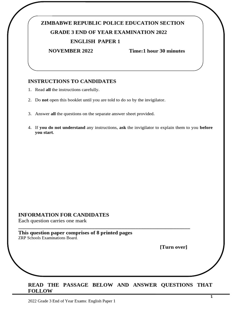 Grade 3 English Paper 1 2022 | PDF
