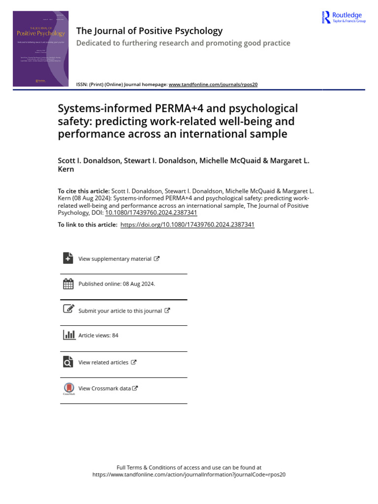 Systems-Informed PERMA 4 and Psychological Safety Predicting Work ...