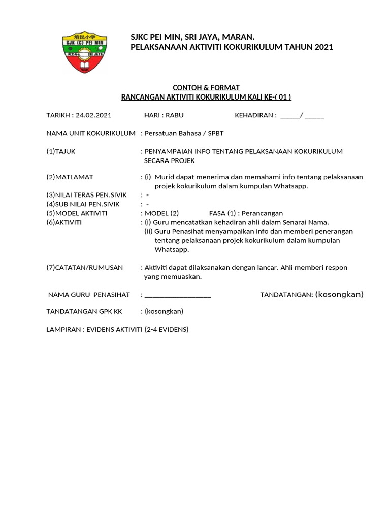 Format & CTH Rancangan Akt Mingguan KK 2021 | PDF