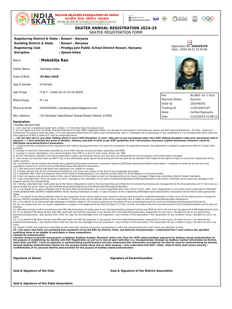 Rsfi Annual Regn Form 2024-25 Mokshita | PDF