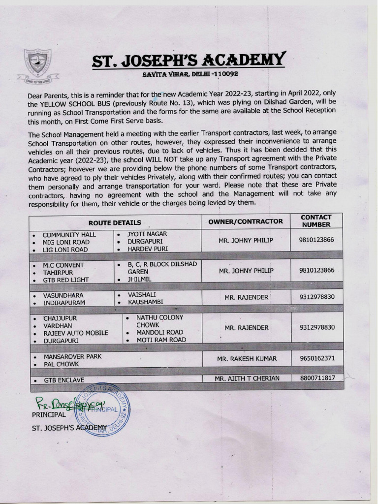 Parents Transportation Circular - 2022-23 | PDF