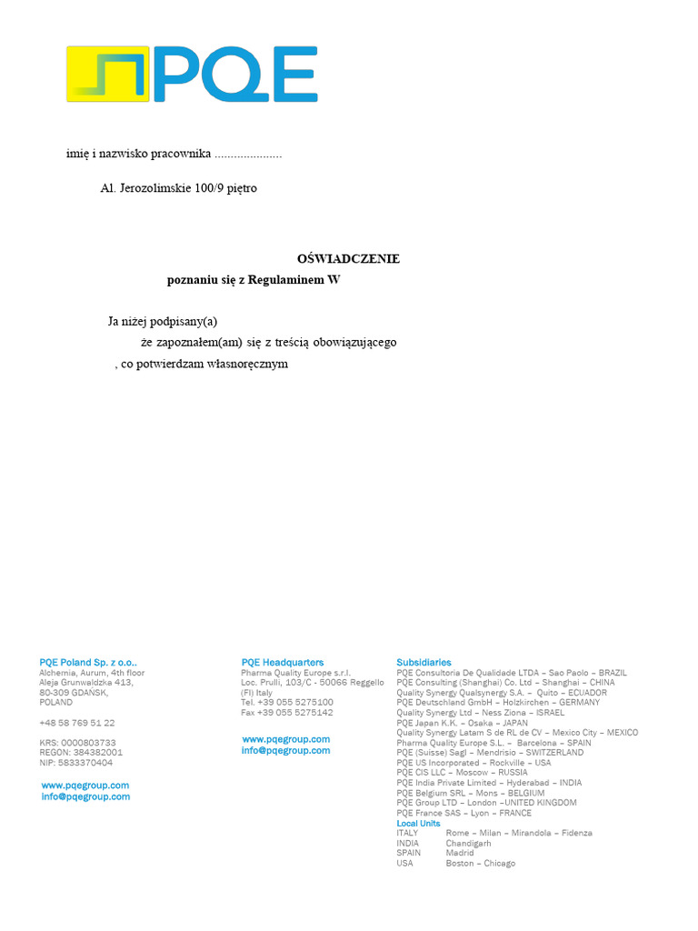 Oświadczenie o Zapoznaniu Się Z Regulaminem Wynagradzania | PDF